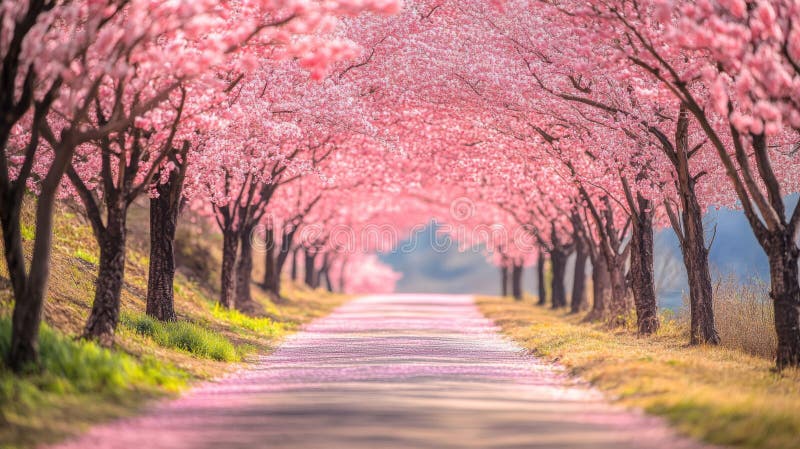 Pink Cherry Blossom Trees Line a Scenic Path Stock Illustration ...