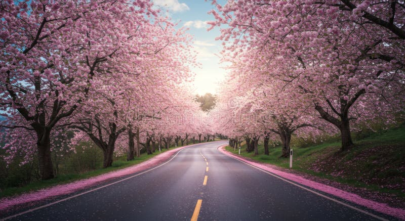 Pink Cherry Blossom Trees Line a Winding Road Stock Illustration ...