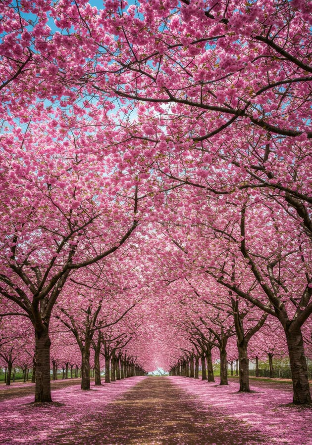 Pink Cherry Blossom Trees Path in Spring Stock Illustration ...