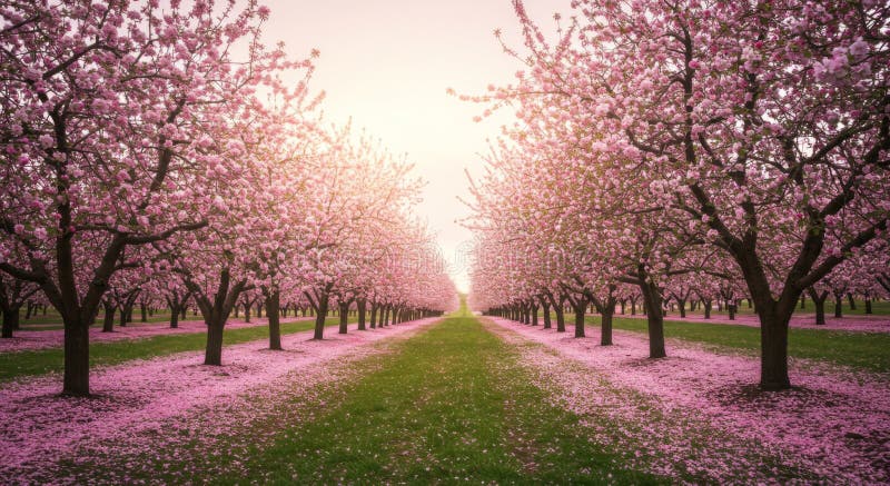 Pink Cherry Blossom Trees in a Spring Orchard Stock Illustration ...