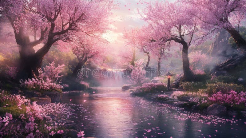 Pink Cherry Blossom Trees Waterfall Sunset Landscape Stock Illustration ...