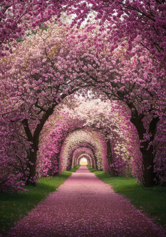 Pink Cherry Blossom Tunnel Pathway Stock Illustration - Illustration of ...