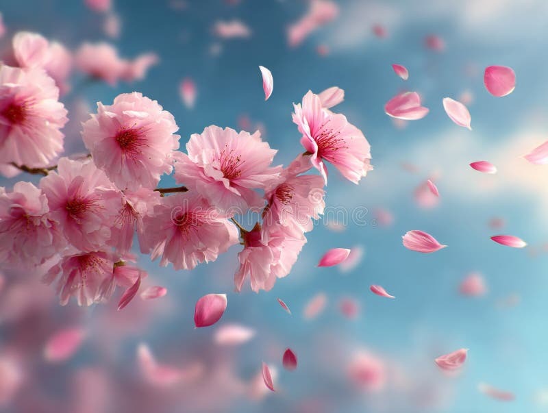 Pink Cherry Blossoms Falling Against a Blue Sky Stock Illustration ...