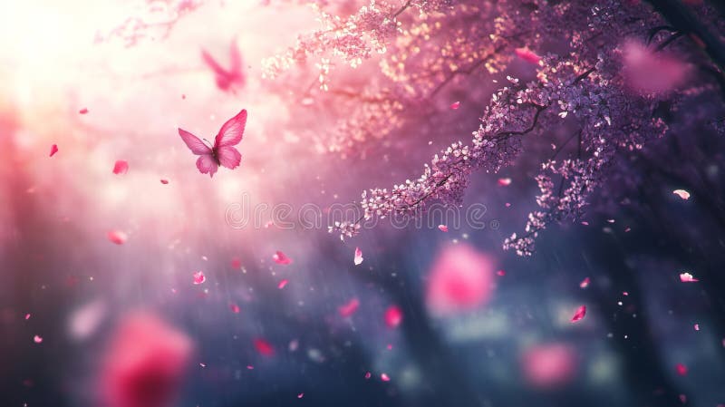Delicate Pink Cherry Blossoms Falling Against Dark Background Stock ...