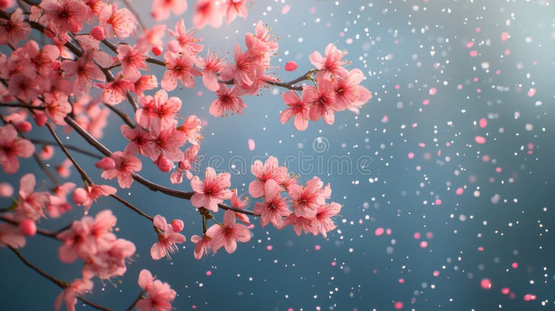 Pink Cherry Blossoms Falling on Blue Background Stock Illustration ...