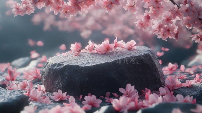 Pink Cherry Blossoms Falling on Dark Rock Stock Illustration ...