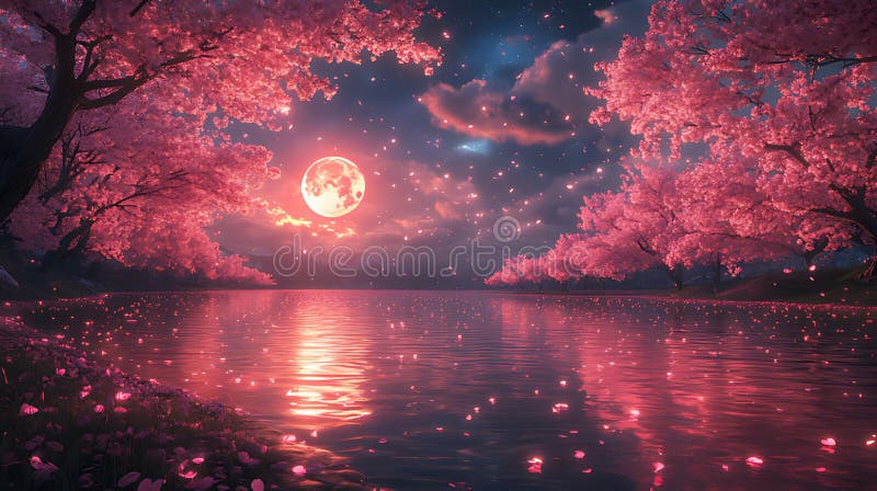Pink Cherry Blossoms Falling on a Lake Under a Full Moon at Night Stock ...