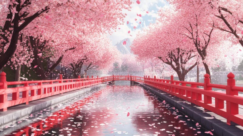 Pink Cherry Blossoms Falling Over Red Bridge and Canal Stock ...