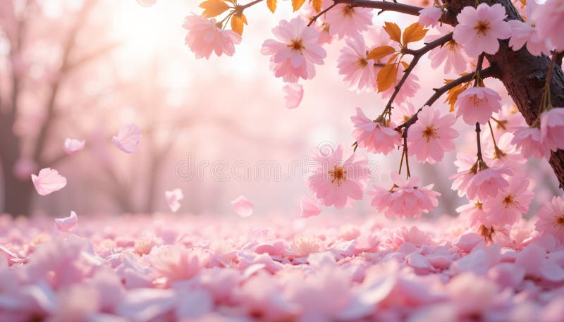Pink Cherry Blossoms with Falling Petals in Soft Sunlight Stock Photo ...