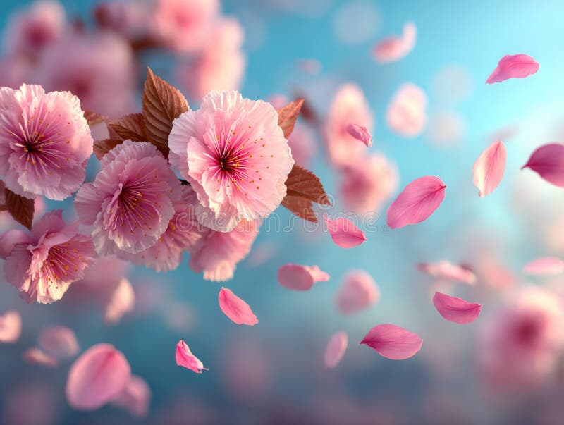 Pink Cherry Blossoms Falling on a Soft Blue Sky Stock Illustration ...