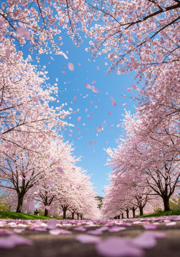 Pink Cherry Blossoms Falling on a Tree Lined Path Stock Illustration ...