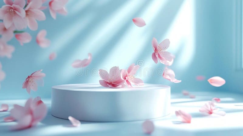 Pink Cherry Blossoms Falling on White Platform Against Light Blue ...