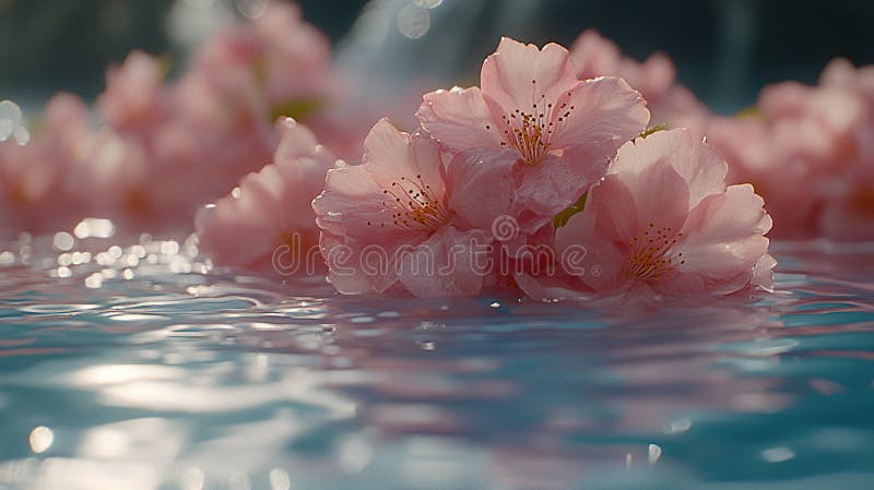 Pink Cherry Blossoms Float Gently on Calm Blue Water, Sunlight ...