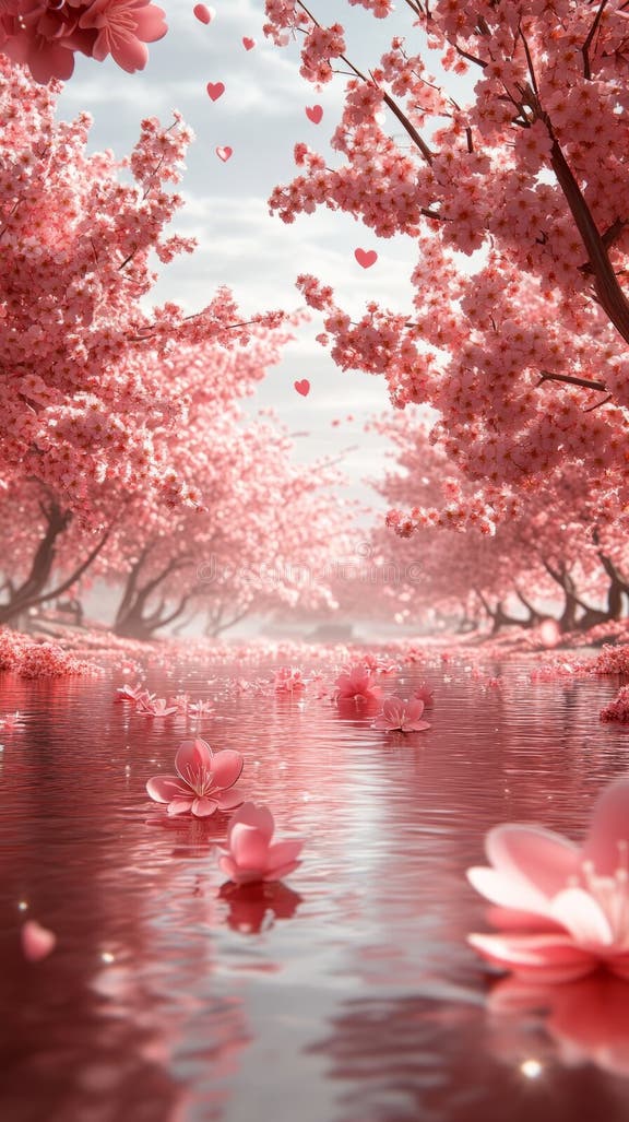 Pink Cherry Blossoms Float on a Serene River, Hearts Gently Fall from ...