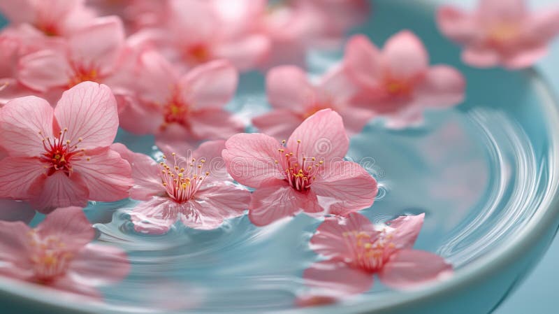 Pink Cherry Blossoms Floating in Calm Water Stock Photo - Image of pure ...
