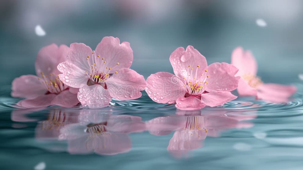 Pink Cherry Blossoms Floating Gently on Water Stock Photo - Image of ...