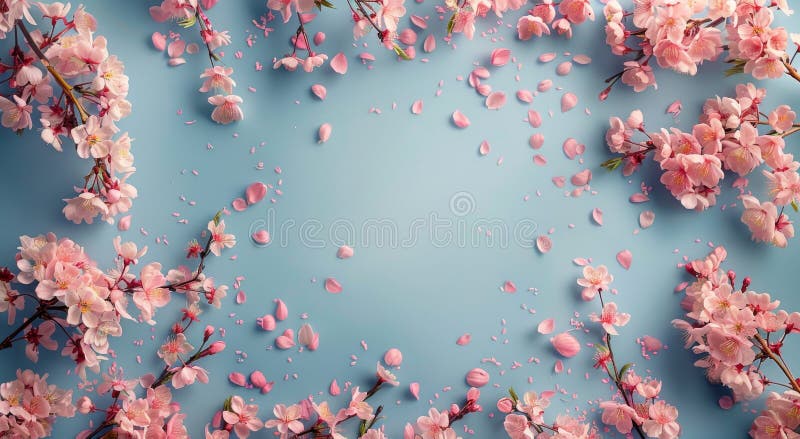 Pink Cherry Blossoms Frame Blue Background Stock Photo - Image of ...