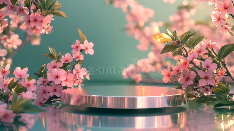 Pink Cherry Blossoms Frame Elegant Metallic Display Stock Illustration ...