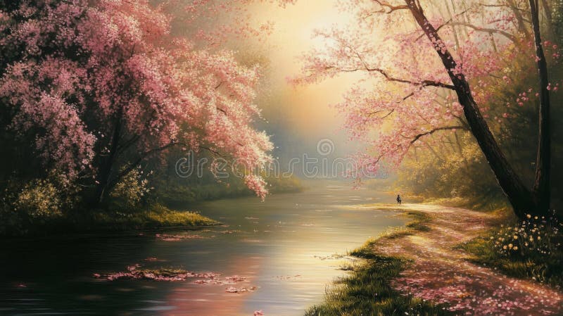 Pink Cherry Blossoms Frame River Path Spring Landscape Stock ...
