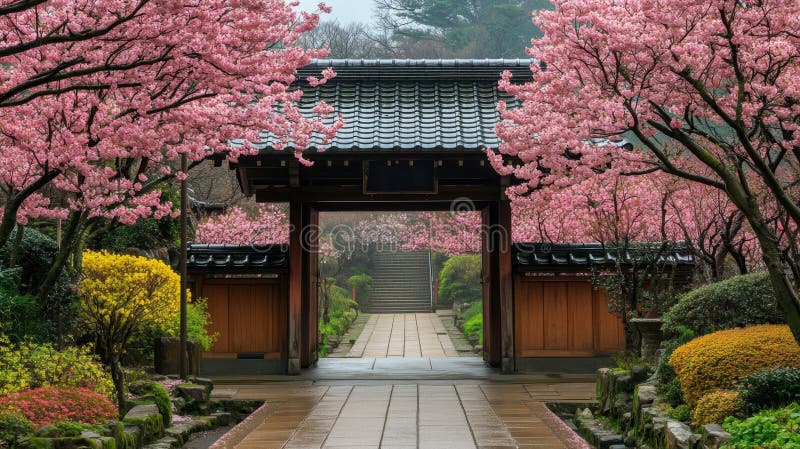 Pink Cherry Blossoms Frame Temple Gate Entrance Stock Illustration ...