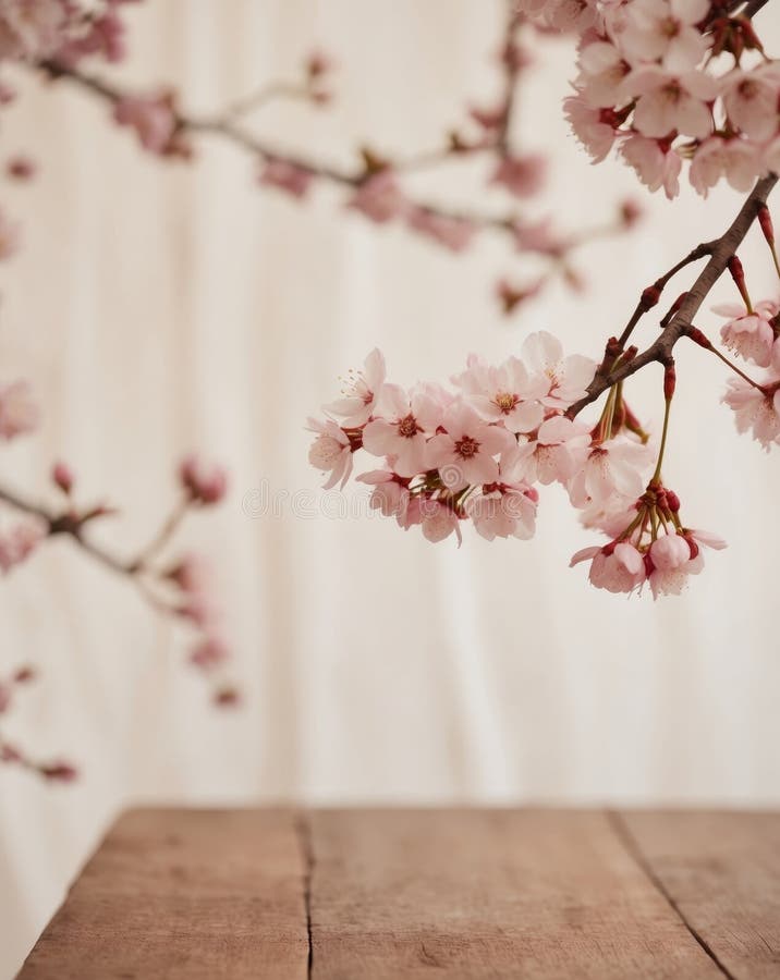 Pink Cherry Blossoms Frame Wooden Table Spring Scene Stock Photo ...