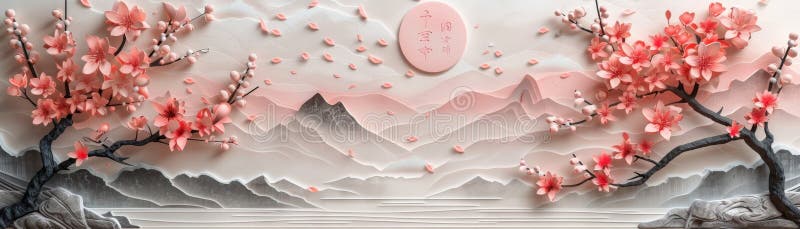 Pink Cherry Blossoms and a Full Moon Over a Mountain Range Stock ...