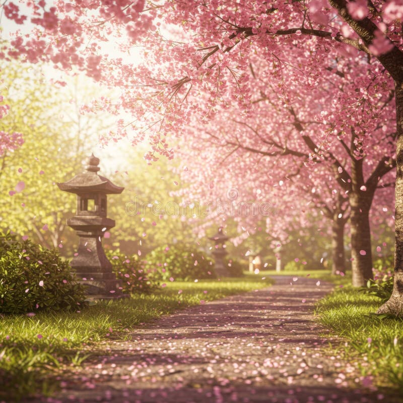 Pink Cherry Blossoms Path in Japanese Garden Stock Illustration ...