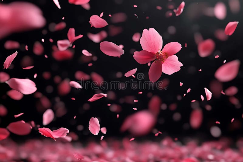 Pink Cherry Blossoms and Petals Falling on Black Background Stock ...