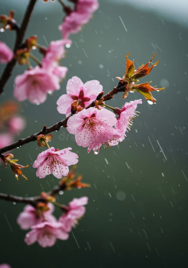 Pink Cherry Blossoms in the Rain Stock Illustration - Illustration of ...