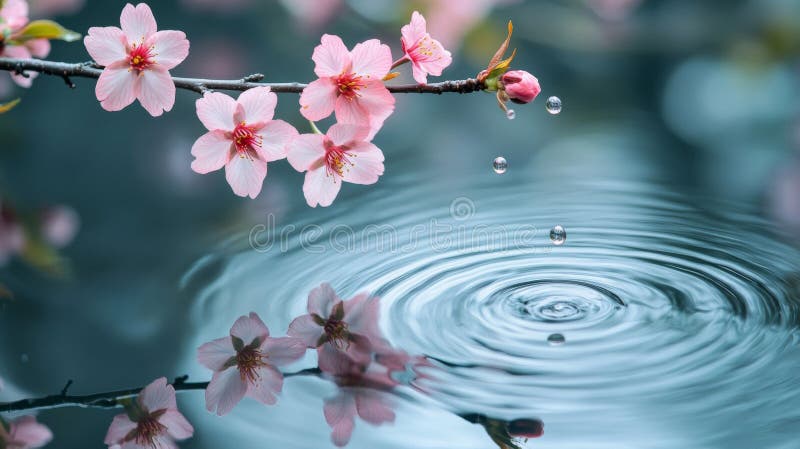 Pink Cherry Blossoms Reflecting in Still Water Stock Illustration ...