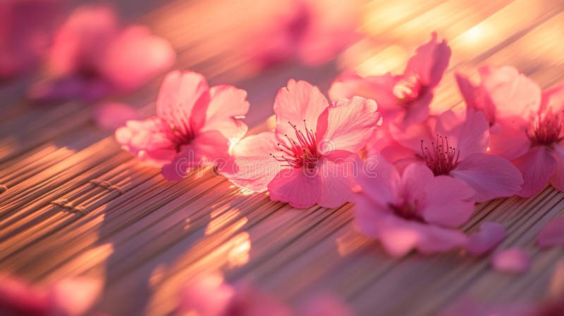 Pink Cherry Blossoms Resting on Bamboo Mat Stock Illustration ...