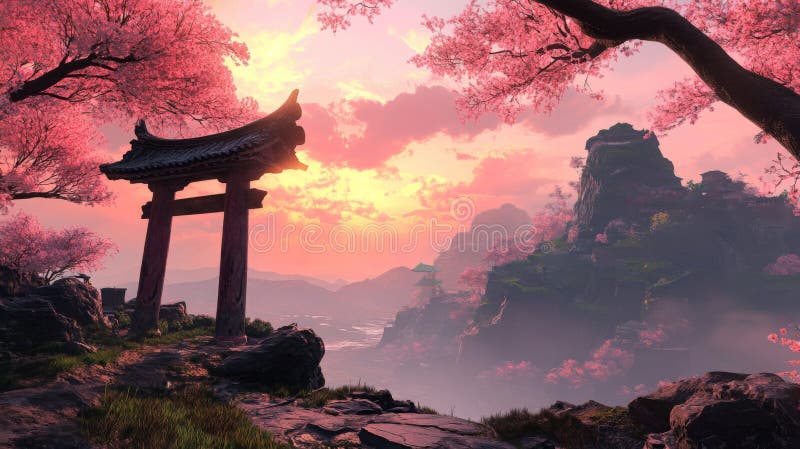 Pink Cherry Blossoms Sunset Landscape with Torii Gate Stock ...