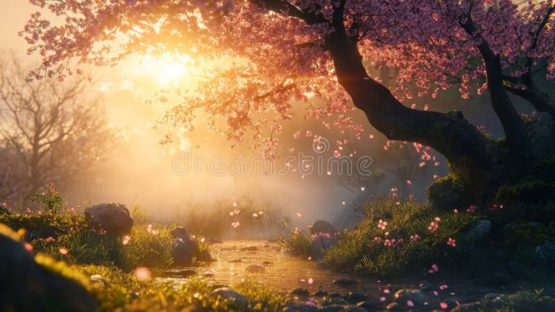 Pink Cherry Blossoms at Sunset, Magical Forest Stream Stock ...