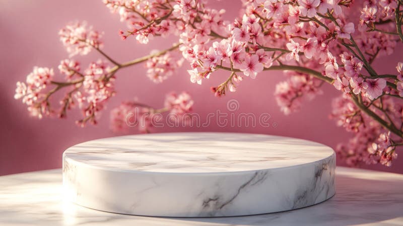 Pink Cherry Blossoms and White Marble Display Platform Stock ...