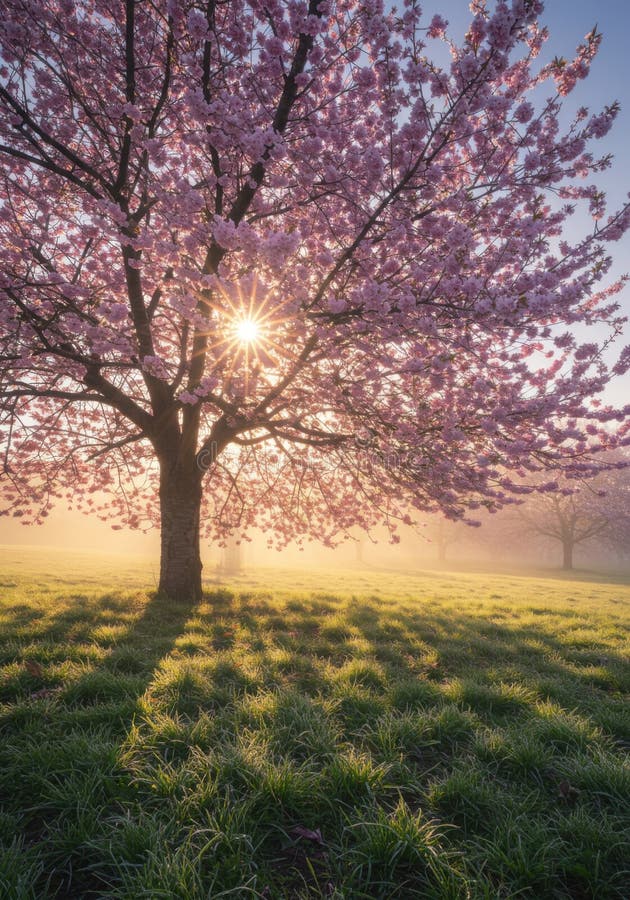 Pink Cherry Tree in Sunrise Mist Stock Illustration - Illustration of ...