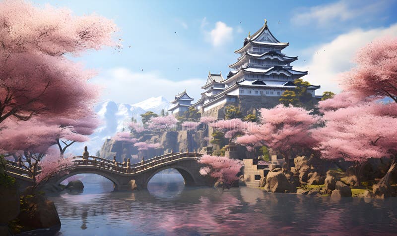 Pink Cherry Trees and Japanese Castle, Ai Generative Stock Photo ...