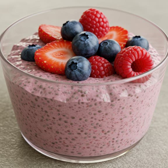Pink Chia Seed Pudding with Fresh Berries Stock Illustration ...