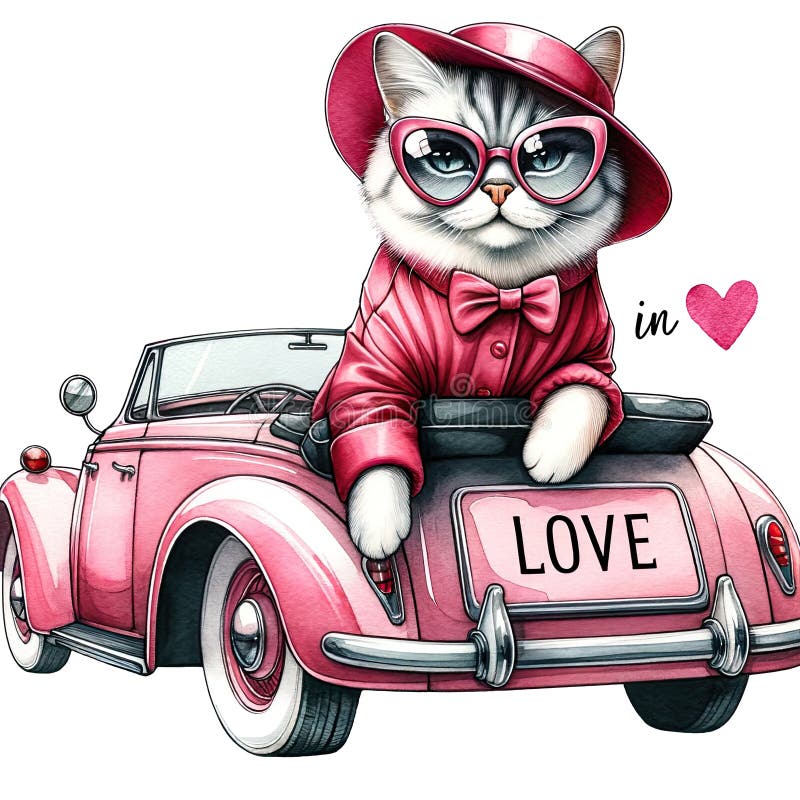 Pink Chic Cat on Cute Pink Car, Retro in Love Stock Illustration ...