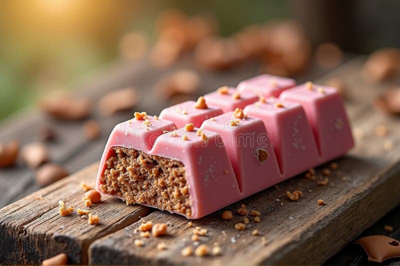 Pink Chocolate Bar with Nut Filling on Rustic Wooden Surface Stock ...