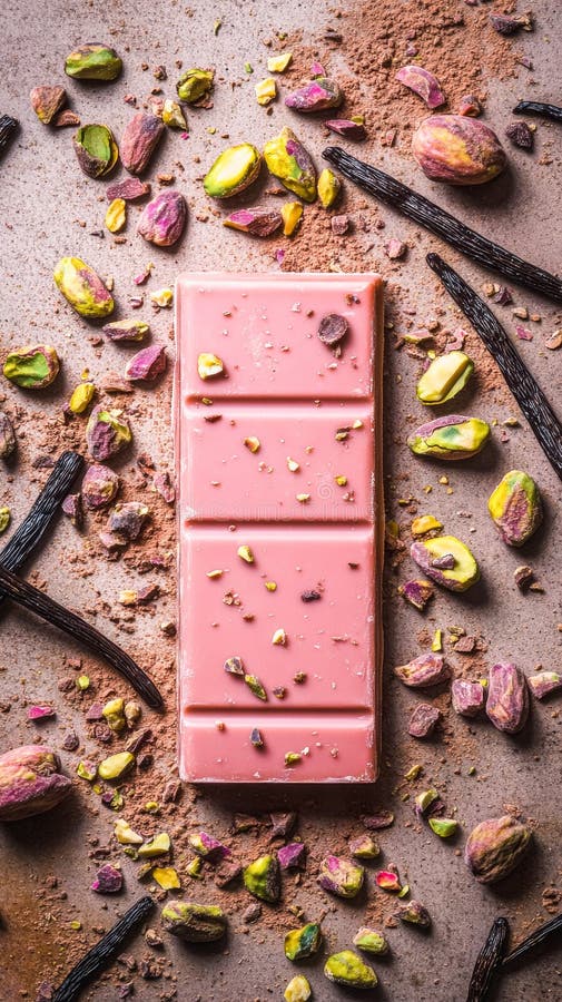 Pink Chocolate Bar with Pistachios and Vanilla on Stone Surface Stock ...