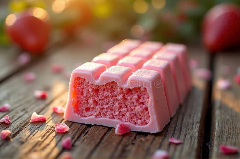 Pink Chocolate Bar with Strawberry Filling on Wooden Table Stock Photo ...
