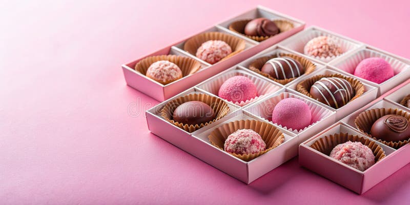 Pink Chocolate Truffles in Difference Shapes Boxes on Pink Background ...
