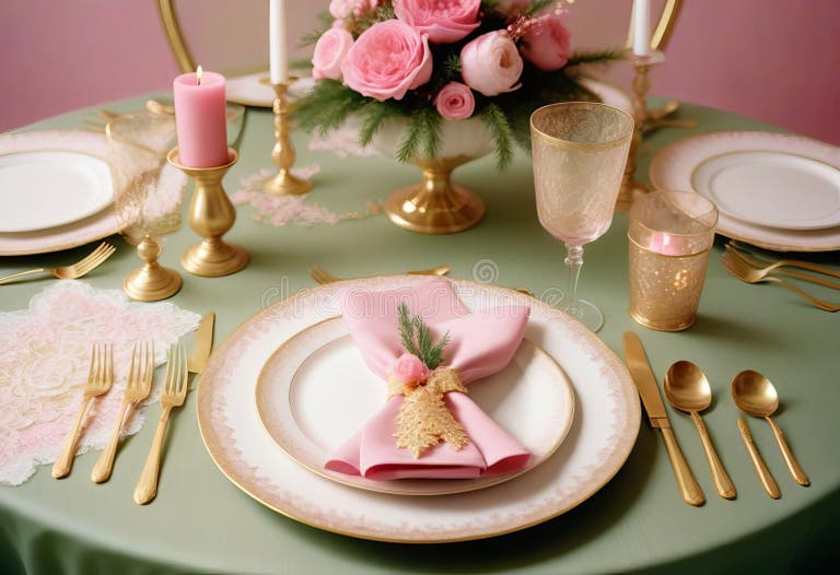 Pink Christmas Table Setting with White and Gold Decorations Stock ...