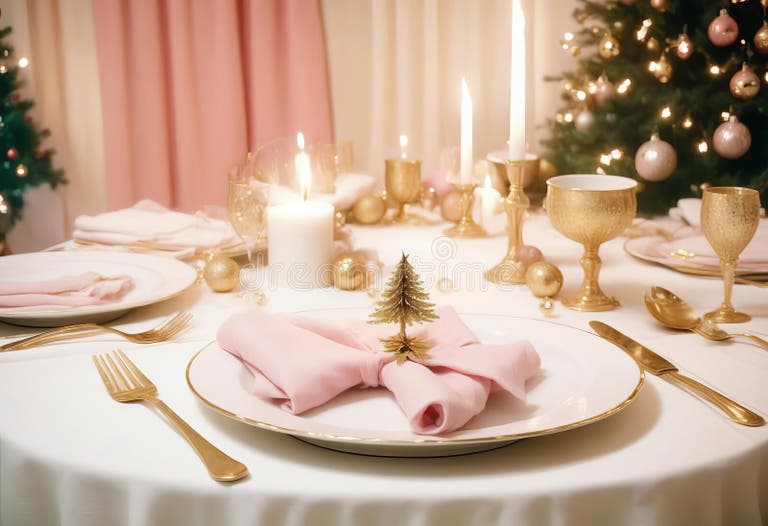 Pink Christmas Table Setting with White and Gold Decorations Stock ...