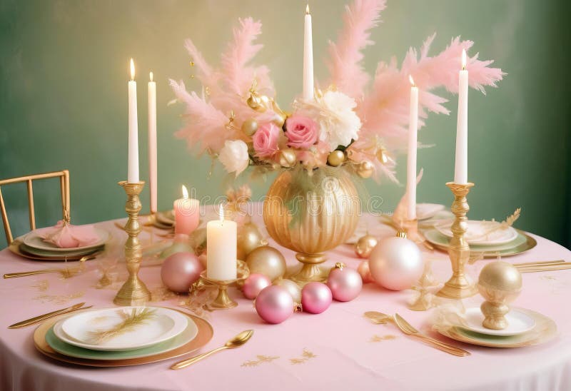 Pink Christmas Table Setting with White and Gold Decorations Stock ...