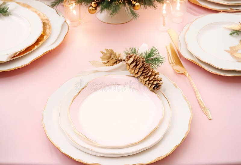 Pink Christmas Table Setting with White and Gold Decorations Stock ...