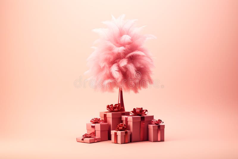 Pink Christmas Tree Made of Airy Feathers with Gifts Stock Illustration ...