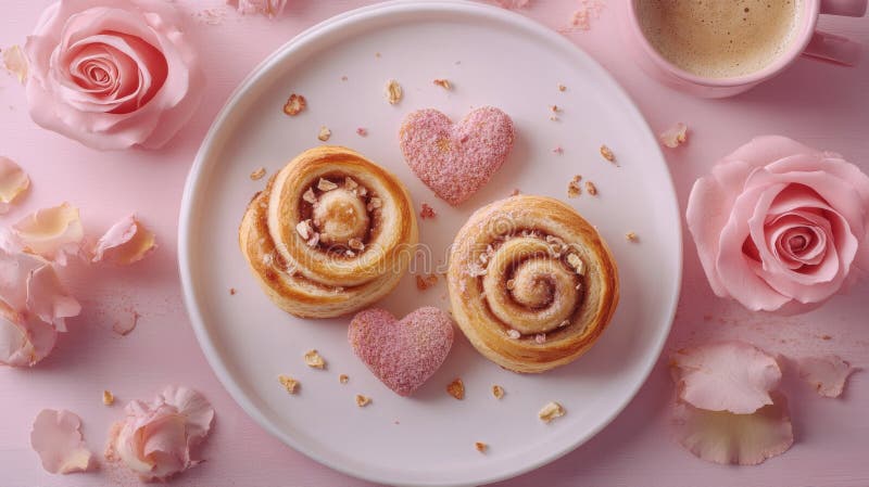Pink Cinnamon Rolls and Heart Pastries with Roses and Coffee Stock ...