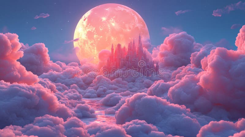 Pink City Above Clouds at Night with Huge Moon Stock Illustration ...