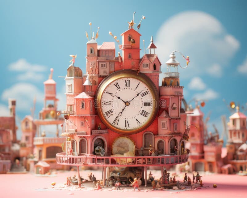 A Pink City with a Clock on Top of it Stock Illustration - Illustration ...